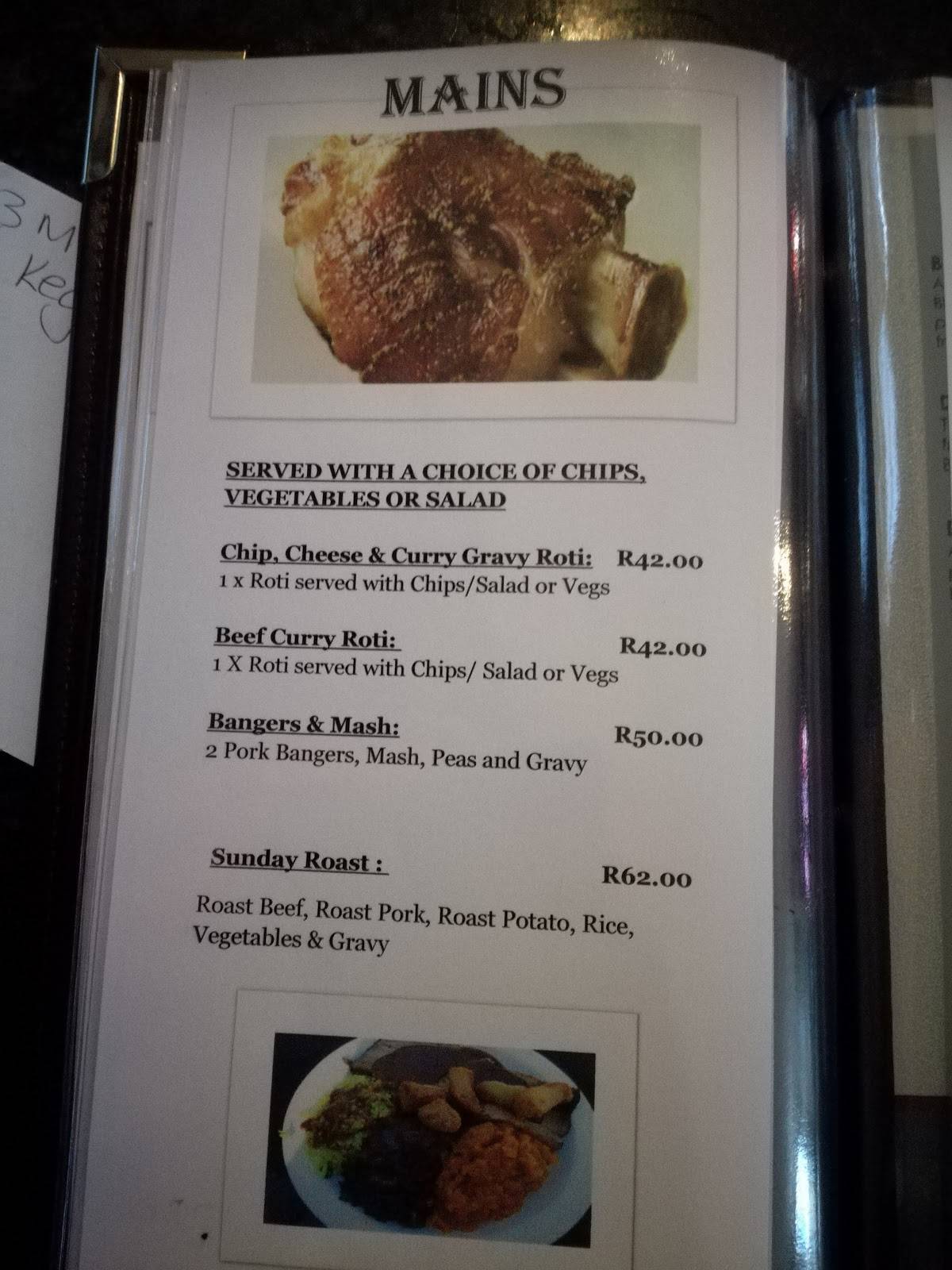 Menu at Musketeers @ The German Club, Durban