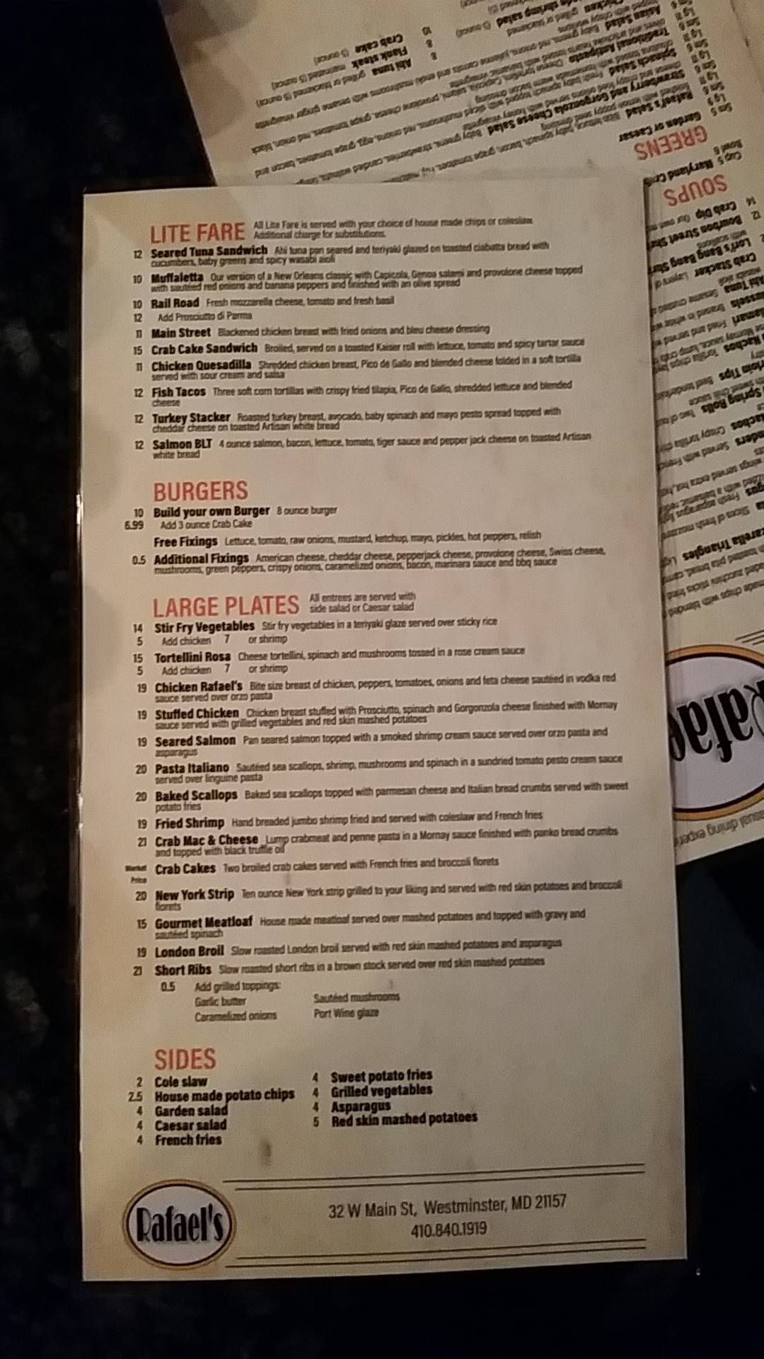 Menu at Rafael's Steak & Oyster restaurant, Westminster