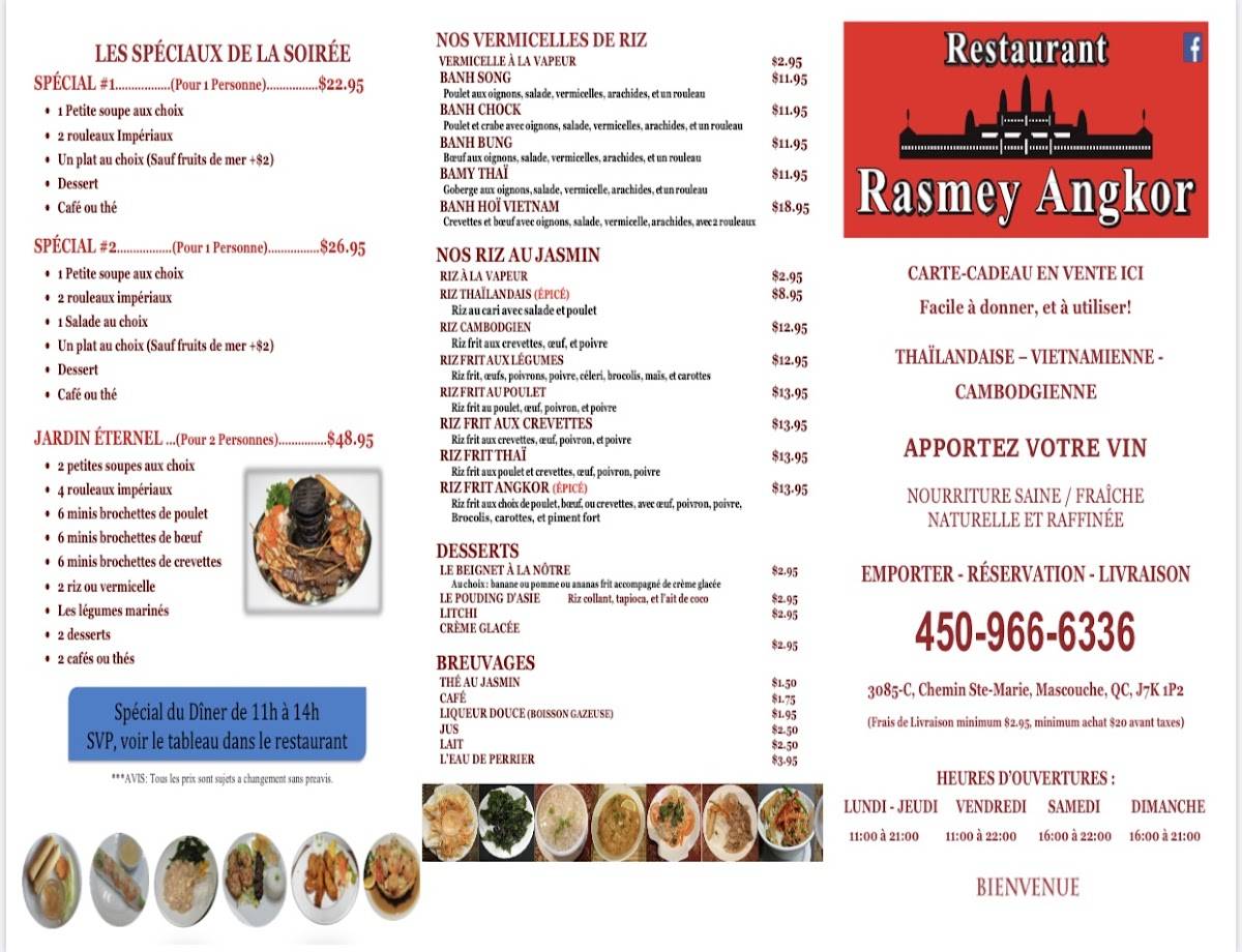 Menu au Rasmey Angkor Restaurant, Mascouche