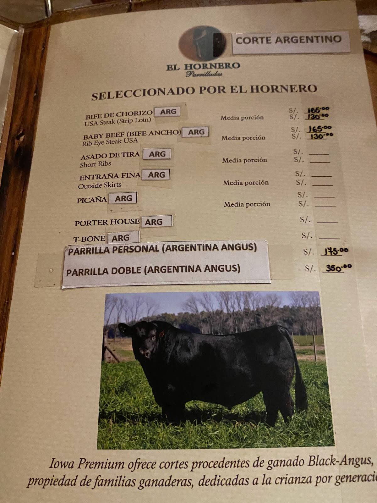 Carta del restaurante El Hornero Chorrillos, Miraflores