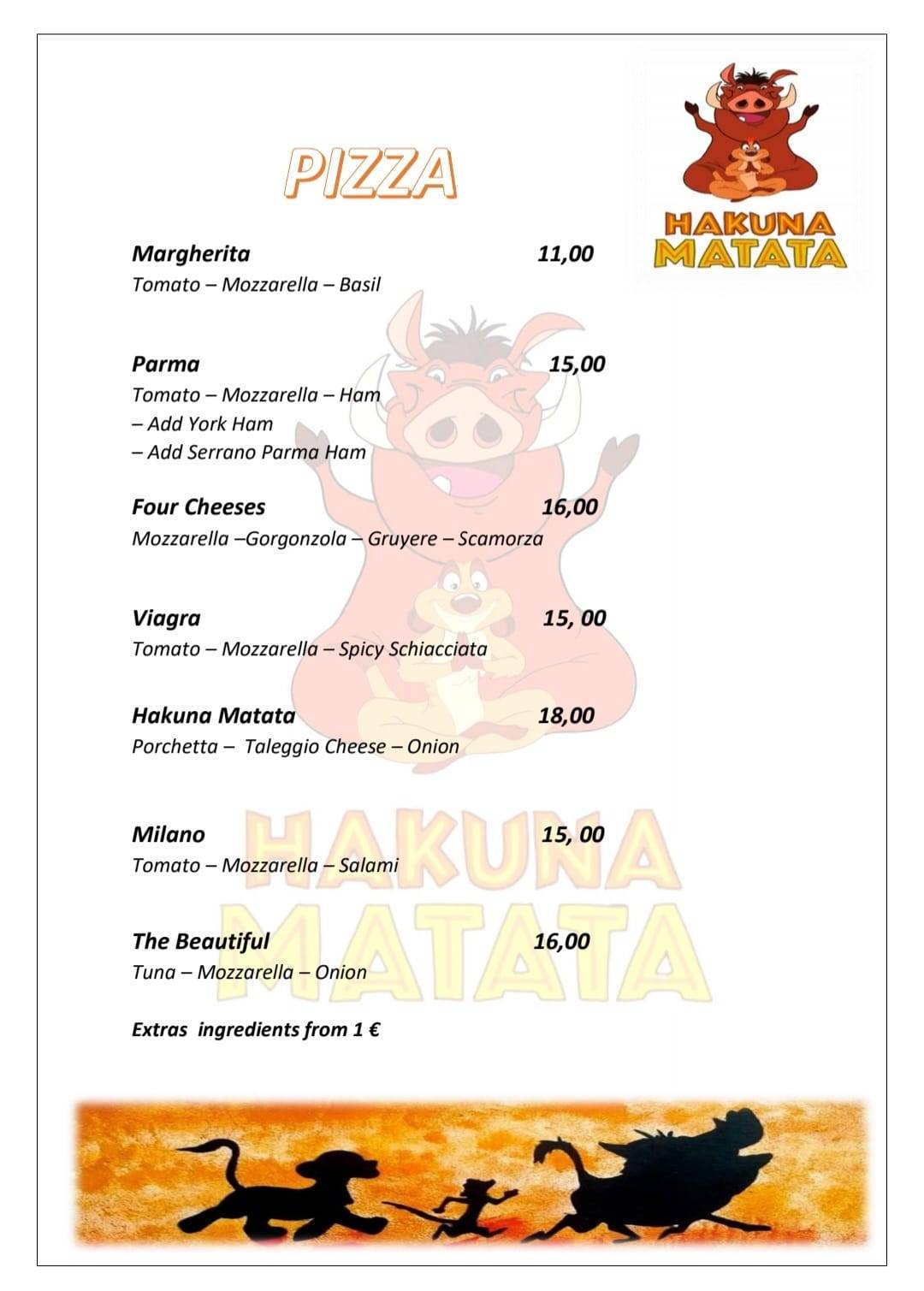 Carta del restaurante Hakuna Matata Portocolom, Portocolom