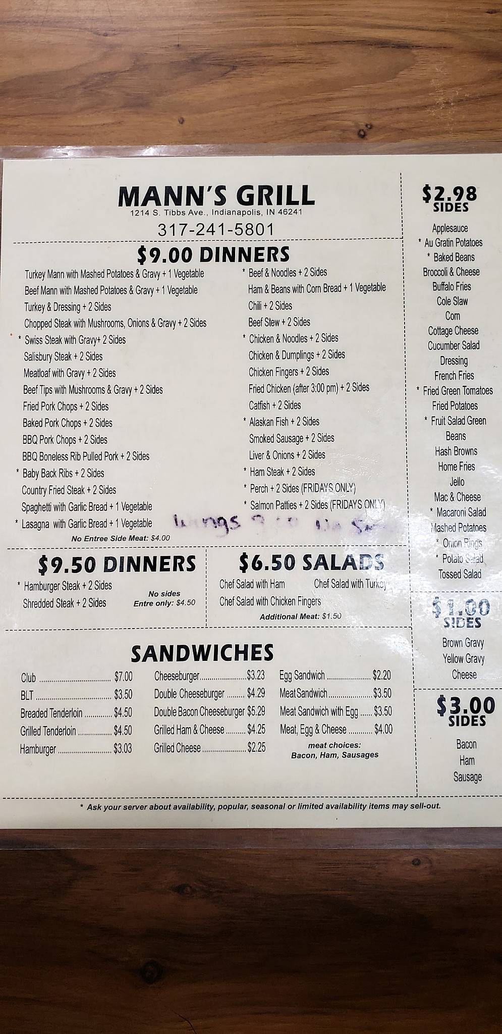 Menu at Mann's Grill restaurant, Indianapolis