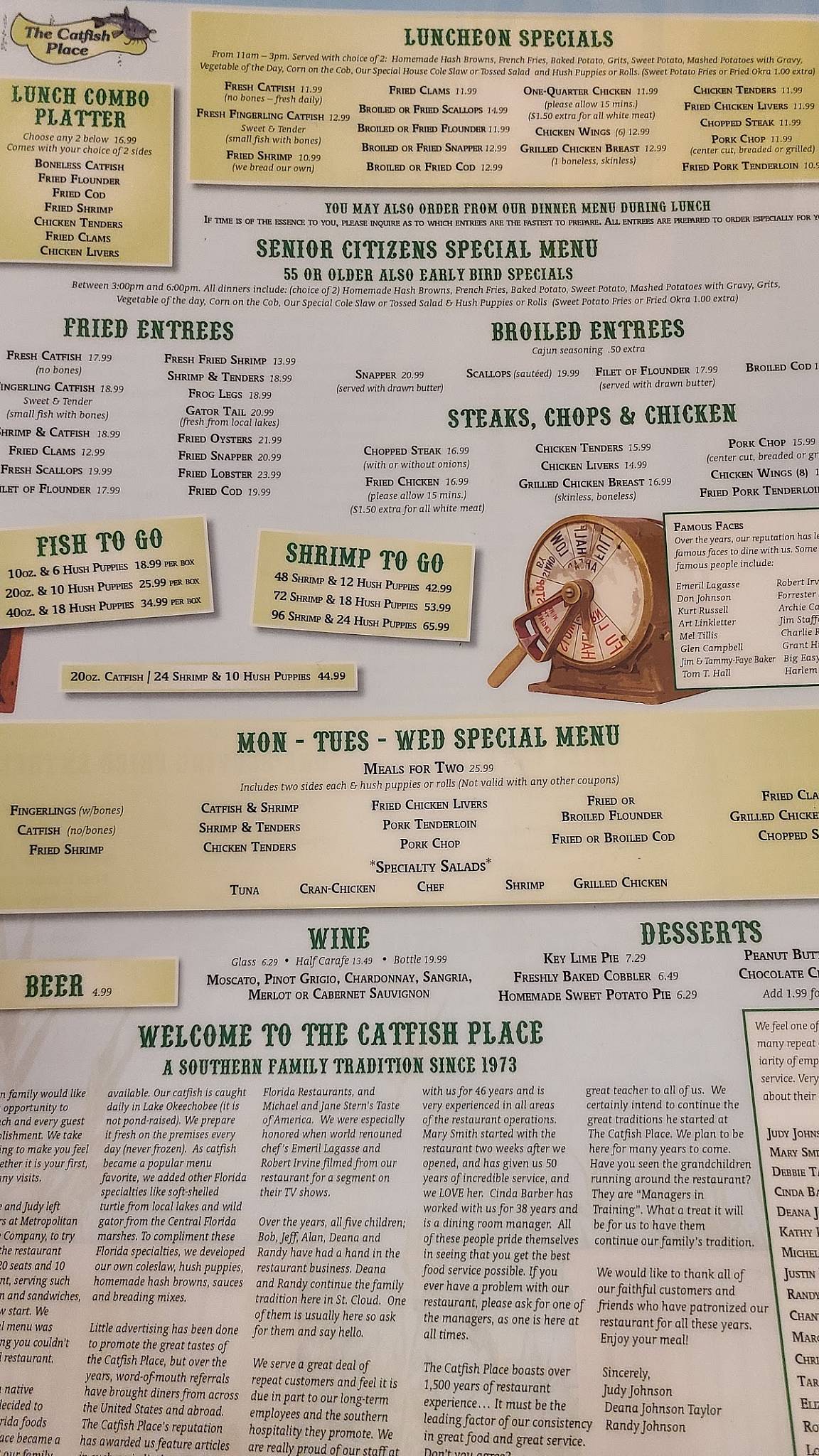 Menu at The Catfish Place restaurant, Saint Cloud