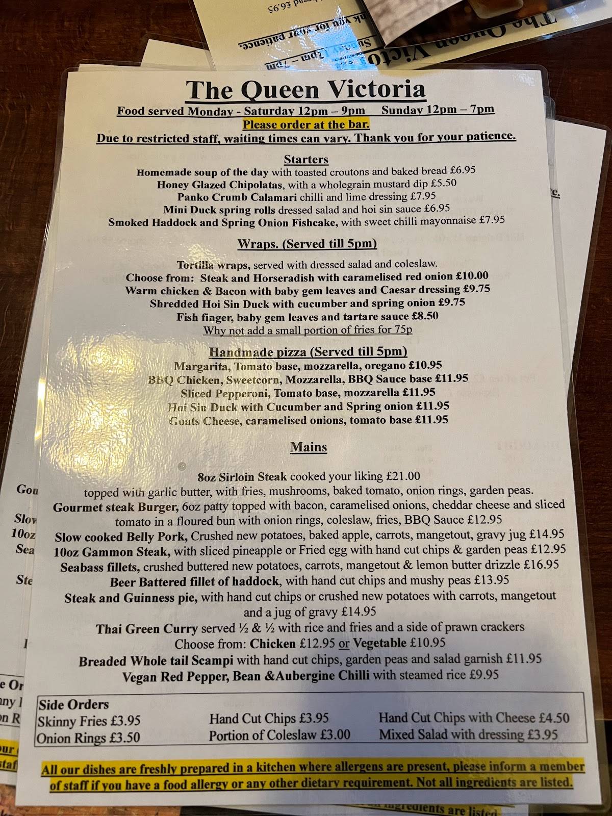 Menu at The Queen Victoria Bar and Restaurant, Llandudno