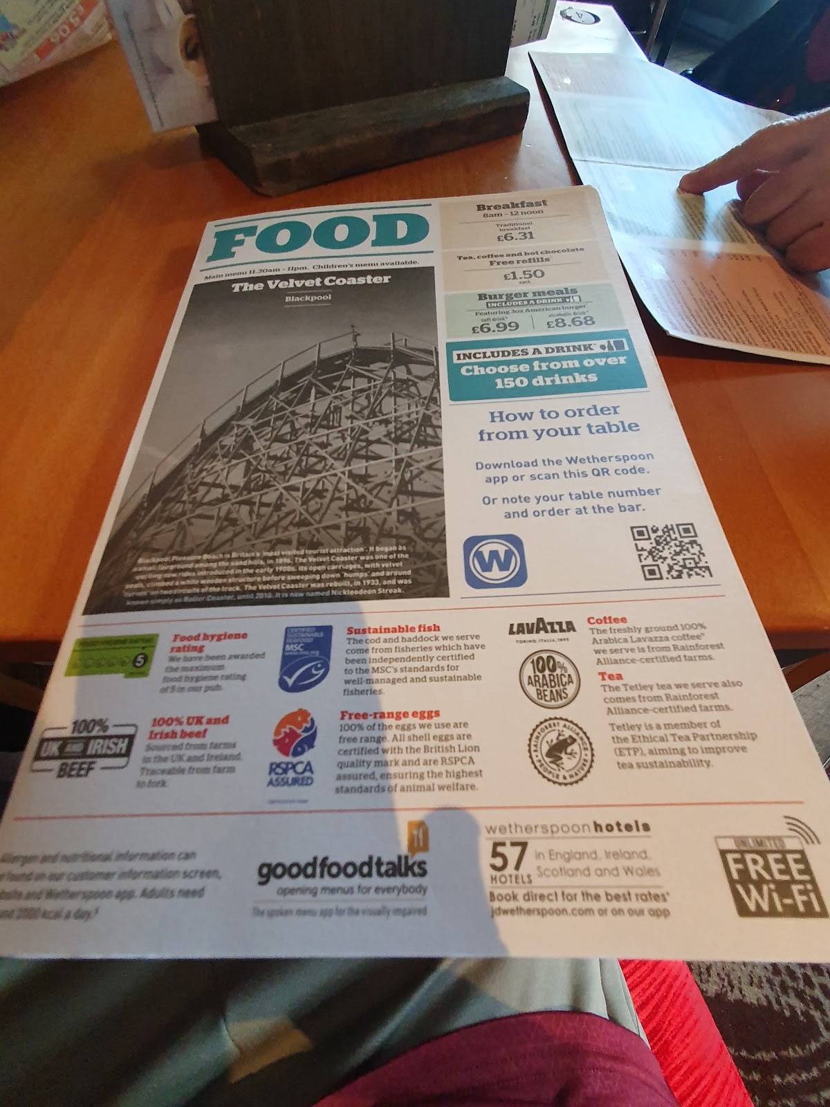 Menu at The Velvet Coaster - JD Wetherspoon pub & bar, Blackpool