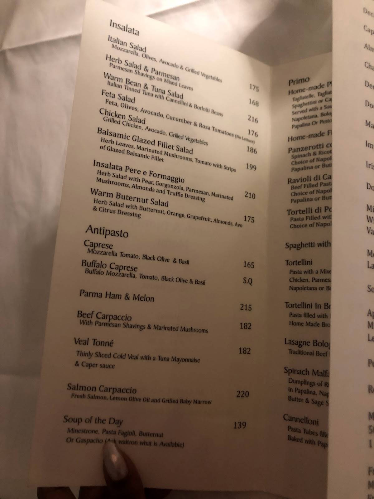 Menu at Tortellino d'Oro restaurant, Johannesburg, Oaklands Shopping Centre