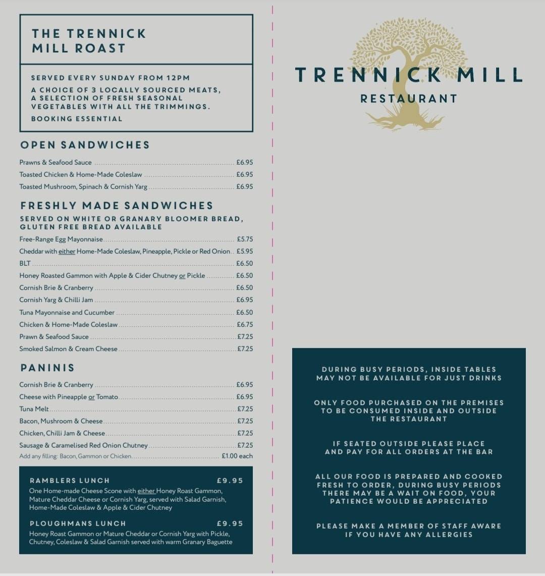 Menu at Trennick Mill restaurant, Truro