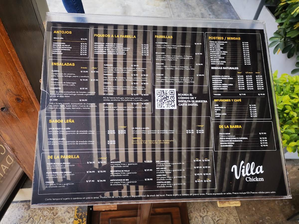 Carta del restaurante Villa Chicken, San Borja, Av. Aviación 2752