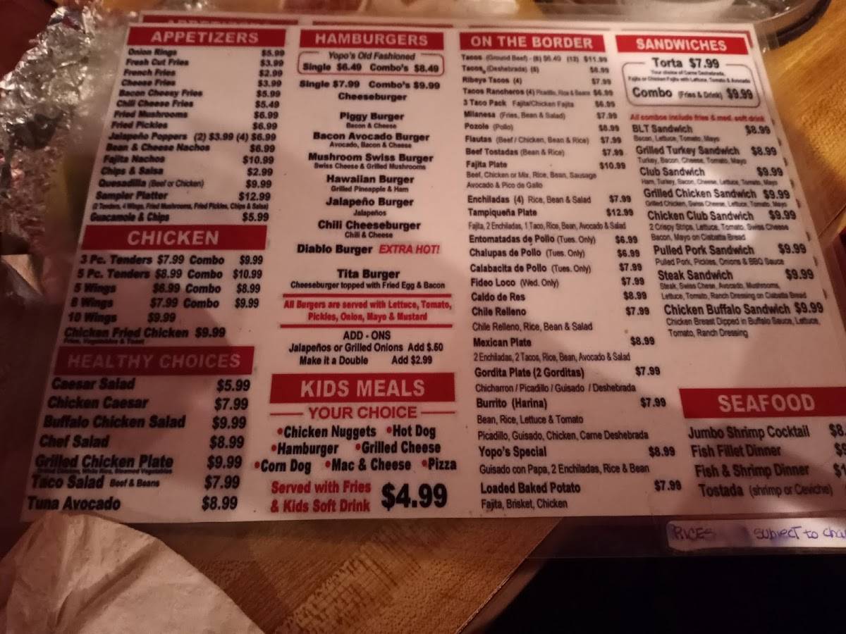 Menu at Yopo's restaurant, Eagle Pass, E Main St