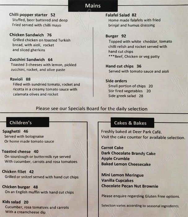 Menu at Deer Park Café restaurant, Cape Town