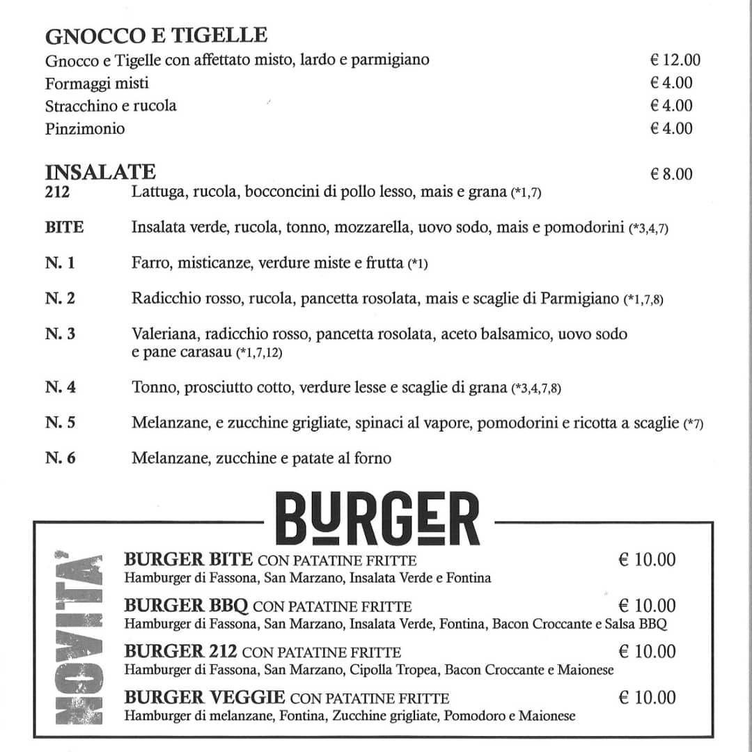 Menu da 212 Modena Duecentododici SO UP pub & bar, Modena