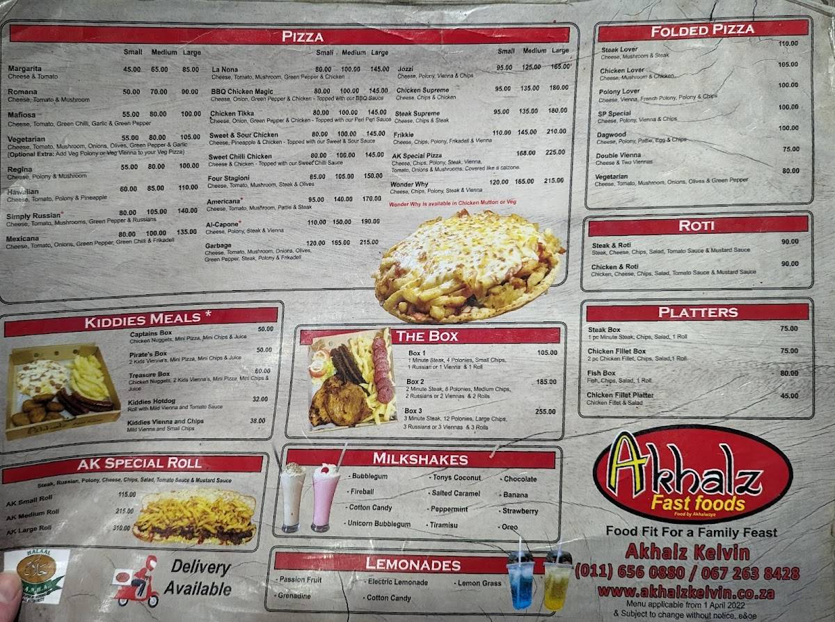 Menu at Akhalz Kelvin (Akhalwayas) restaurant, Johannesburg