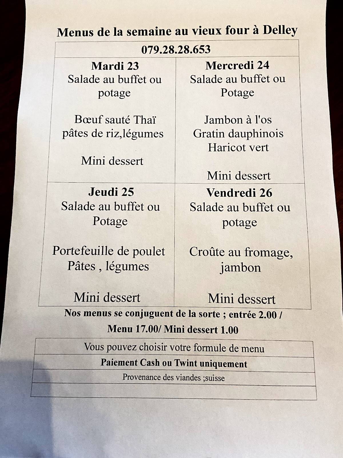 Menu au Au Vieux Four à Delley, Delley-Portalban