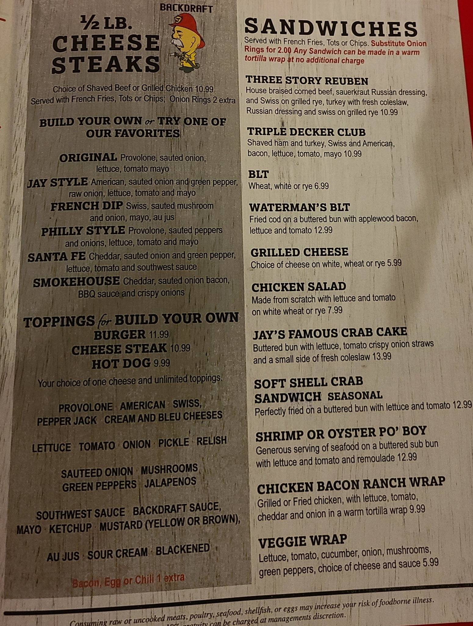 Menu at Backdraft steakhouse, Kinsale, Oldhams Rd