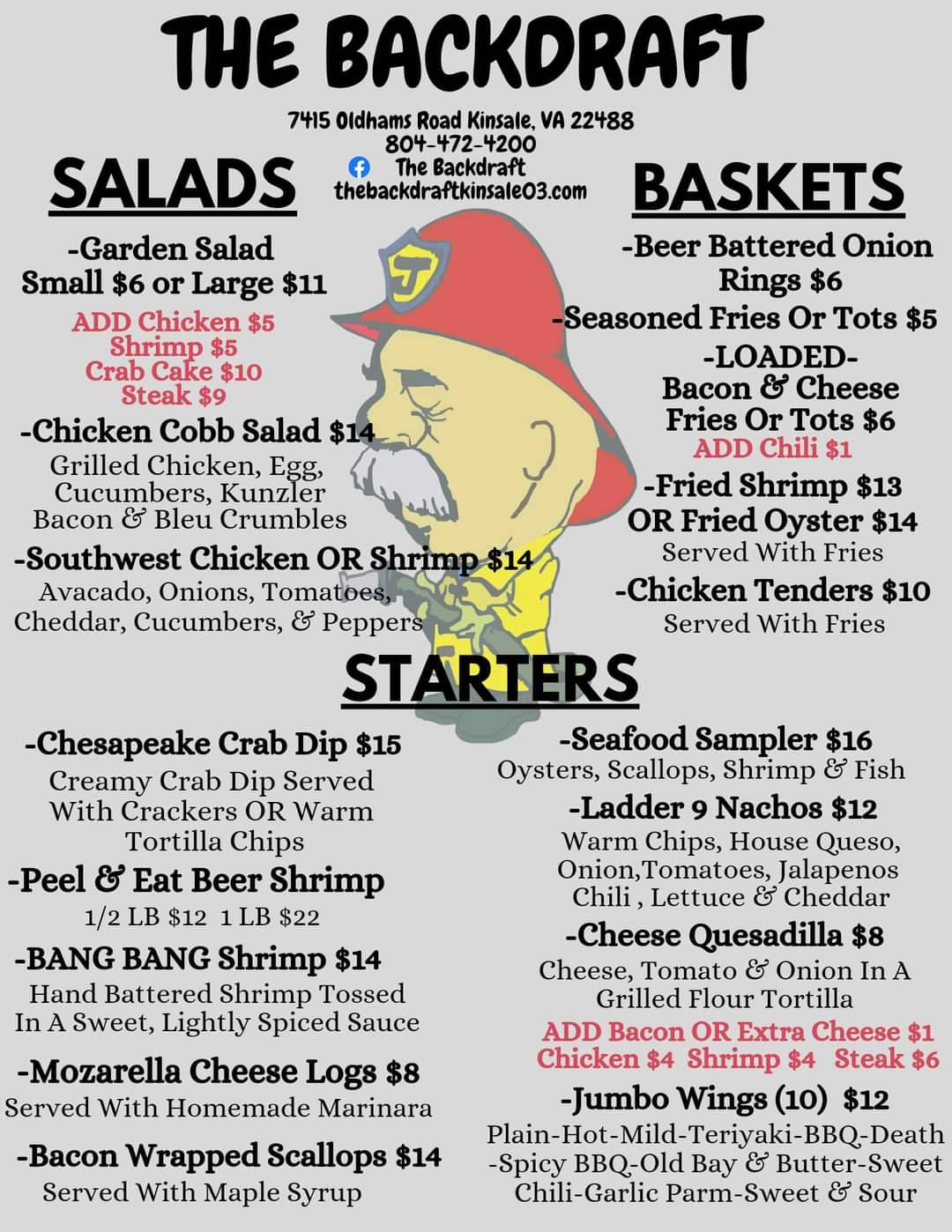 Menu at Backdraft steakhouse, Kinsale, Oldhams Rd