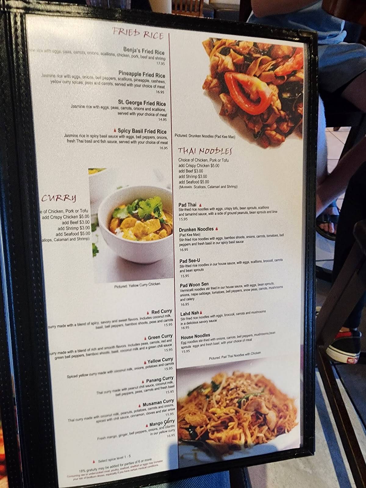Menu at Benja's Thai Garden restaurant, St. George