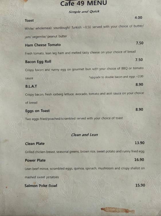 Menu at Cafe @ 49, Five Dock