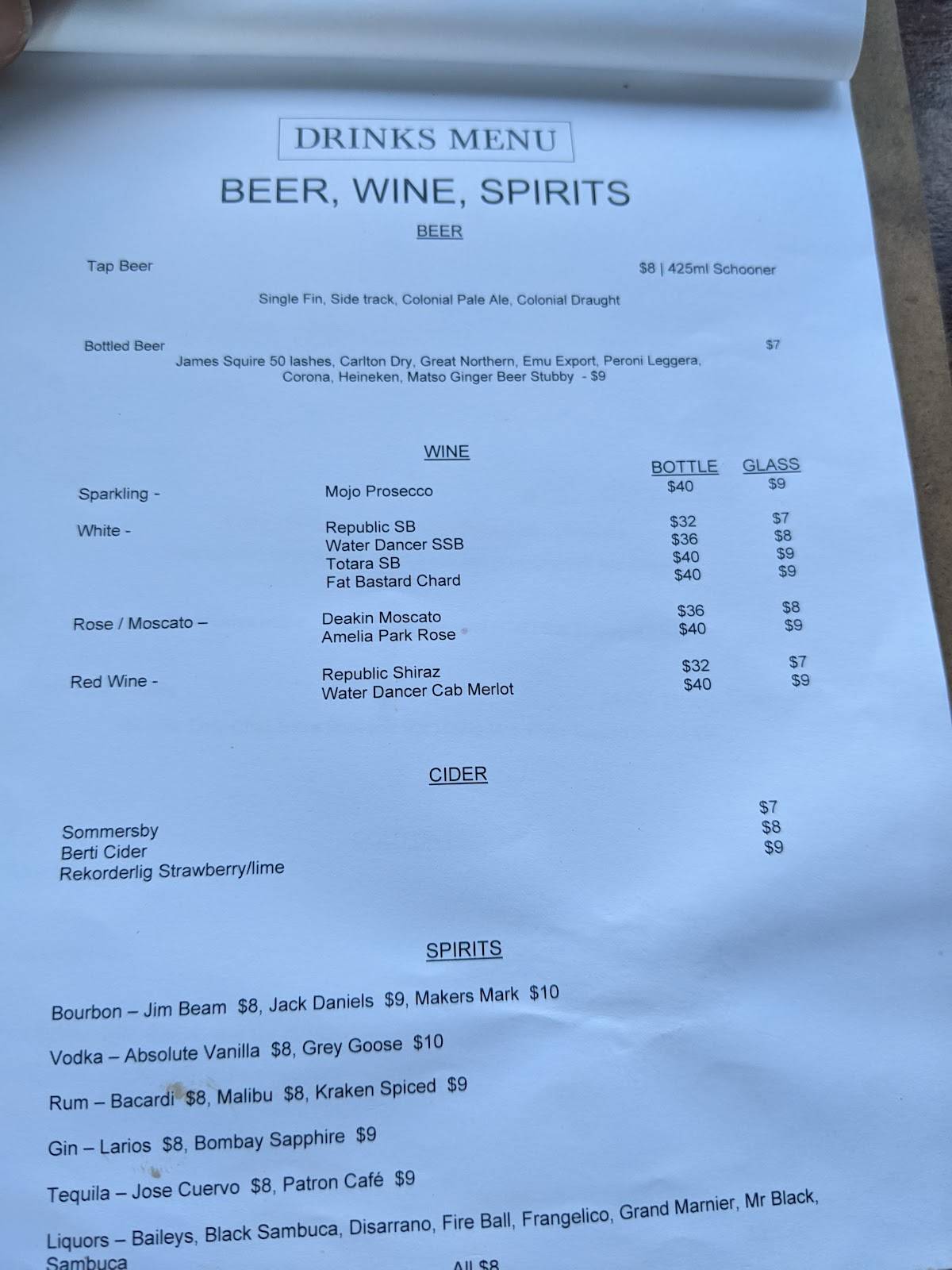 Menu at Café Barco, Safety Bay