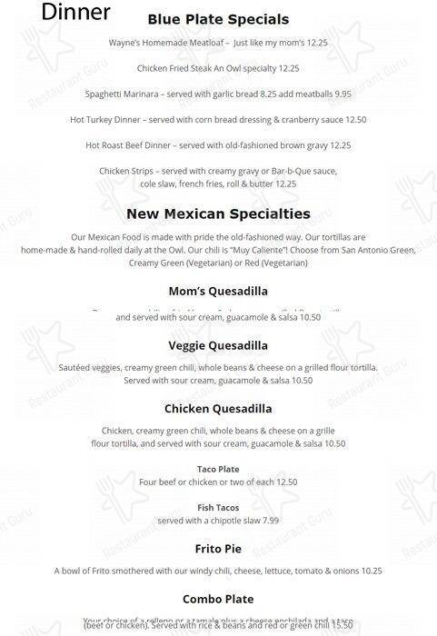 Menu at Owl Cafe, Albuquerque, 800 Eubank Blvd NE