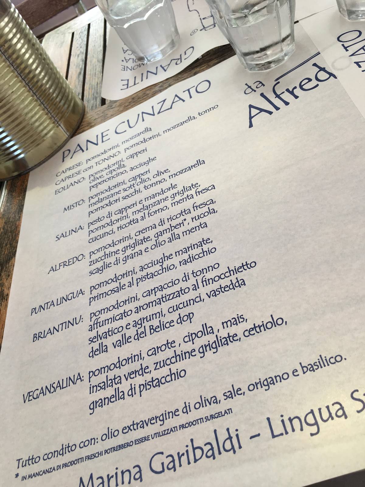 Menu da Da Alfredo pub & bar, Santa Marina Salina