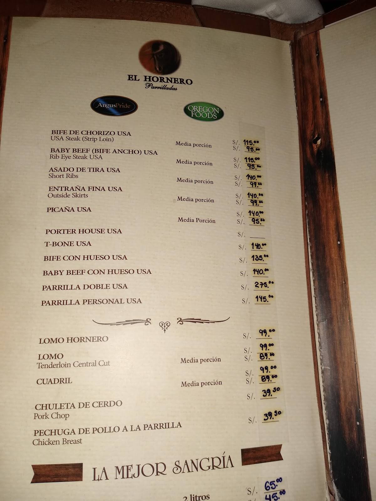 Carta del restaurante El Hornero Chorrillos, Miraflores