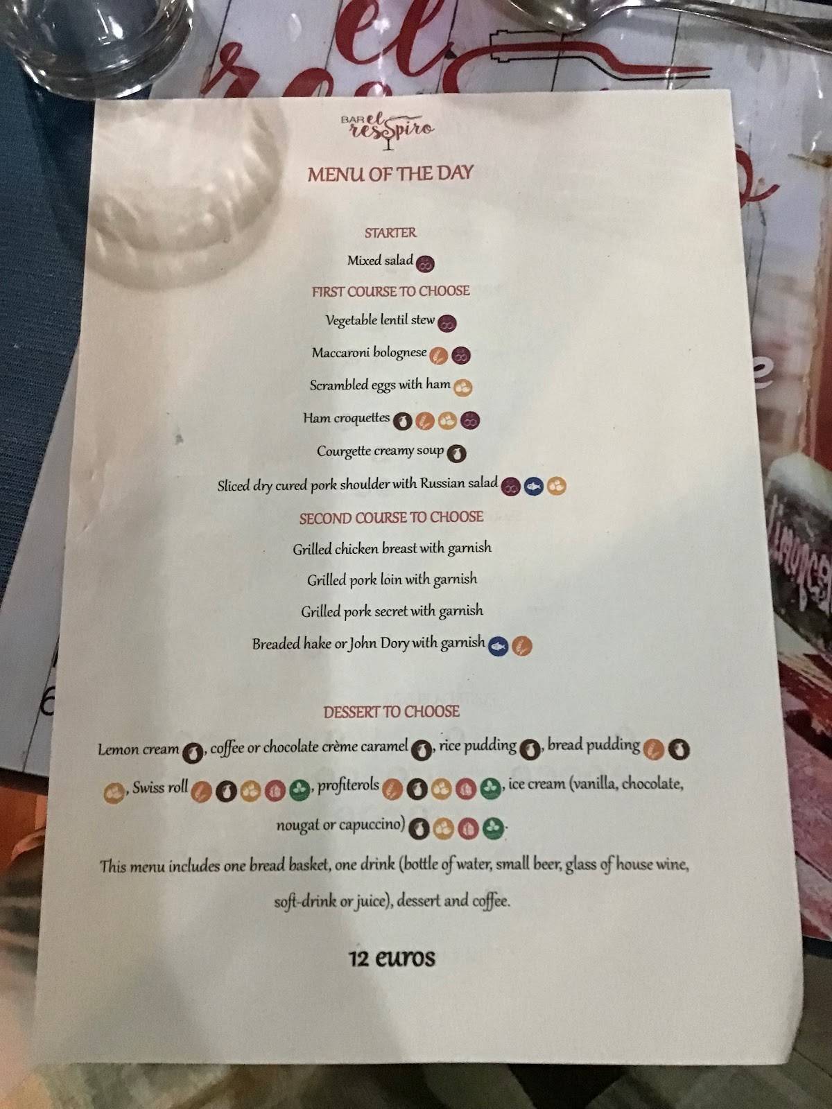 Carta de Bar El Resspiro, Rojales