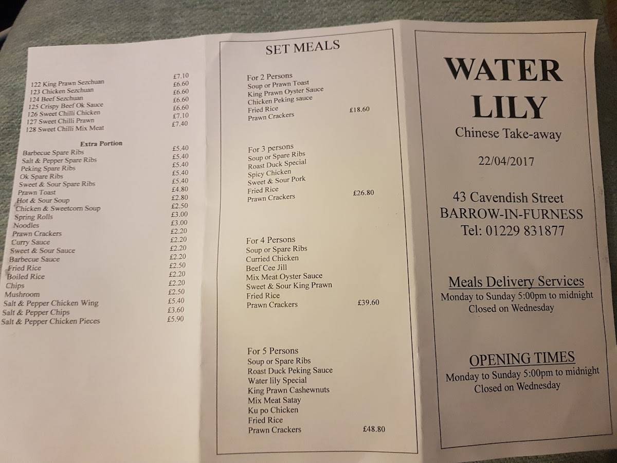 Menu at Water Lily Takeaway fast food, Barrow-in-Furness, 43 Cavendish St