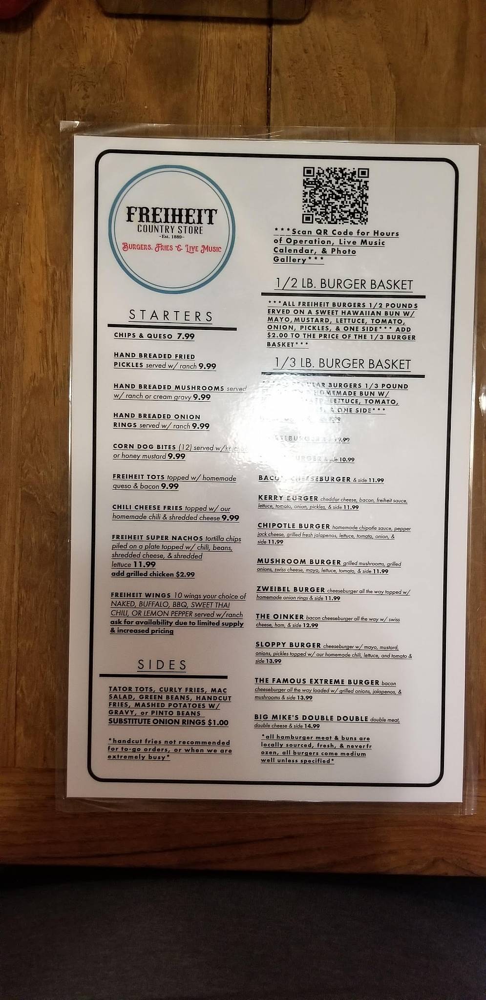 Menu at Freiheit Country Store restaurant, New Braunfels