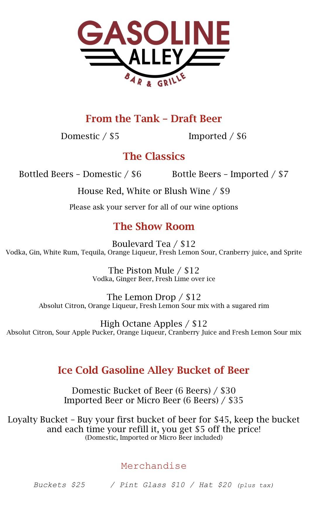 Menu at Gasoline Alley Bar & Grille, Morgantown
