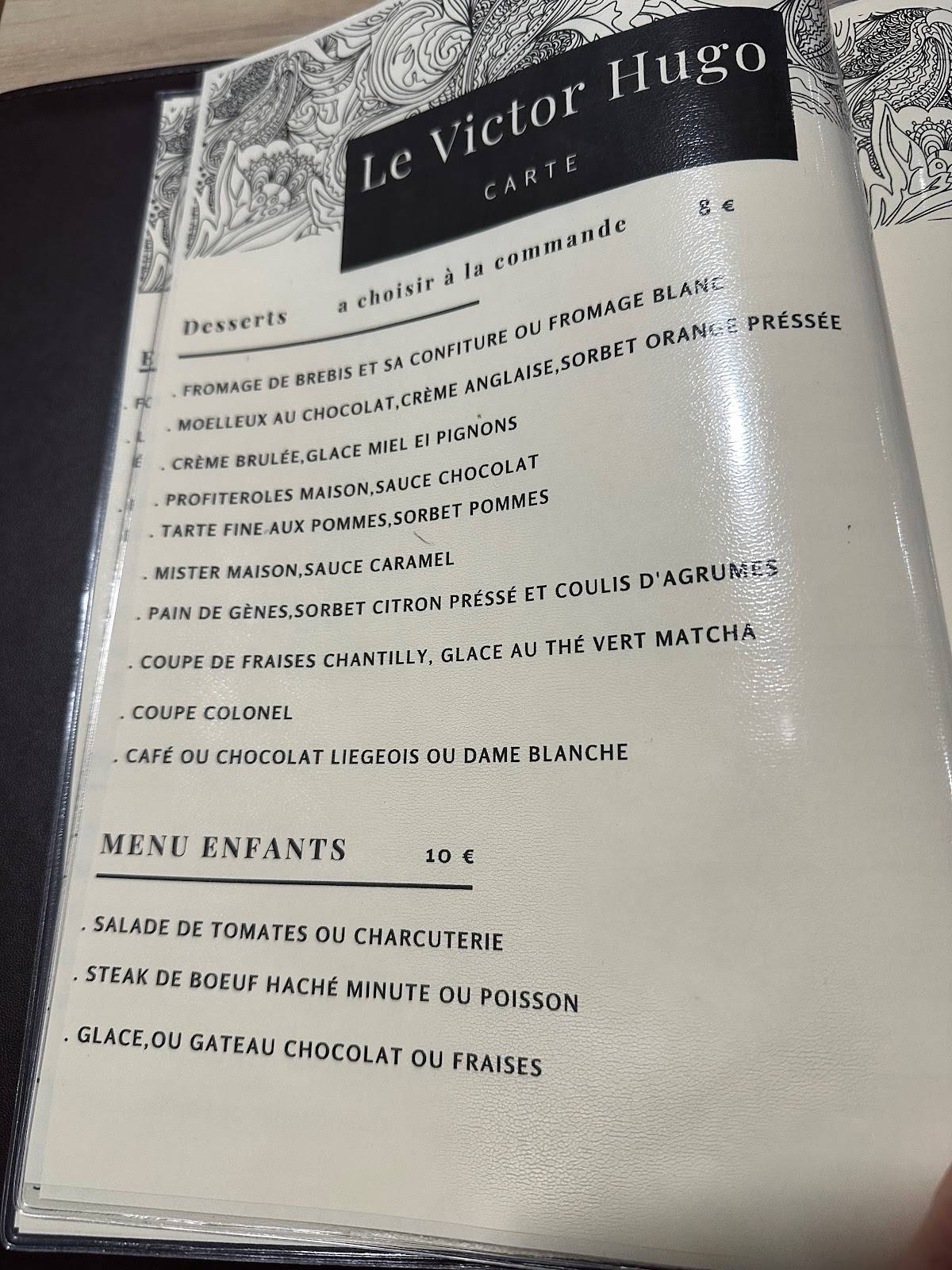 Menu au Le Victor Hugo restaurant, Sainte-Foy-la-Grande
