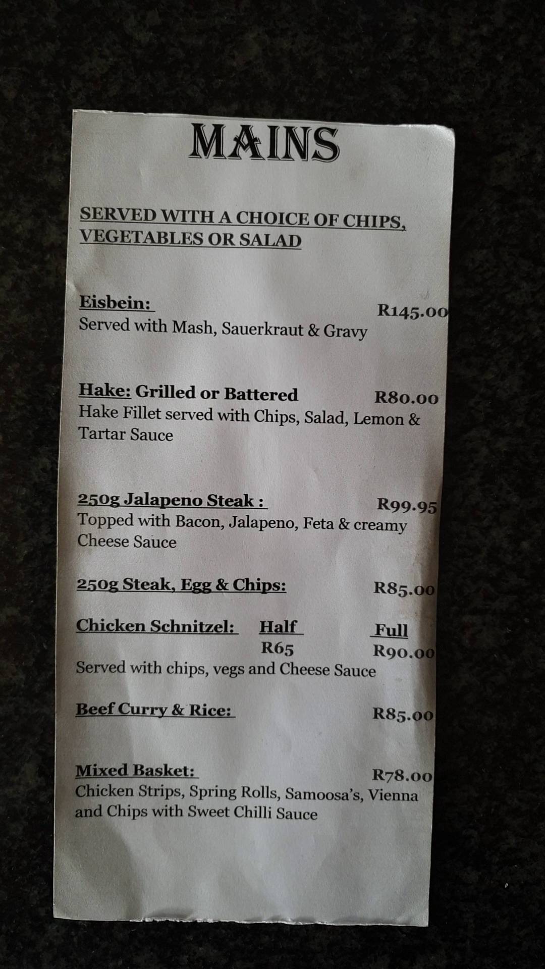Menu at Musketeers @ The German Club, Durban