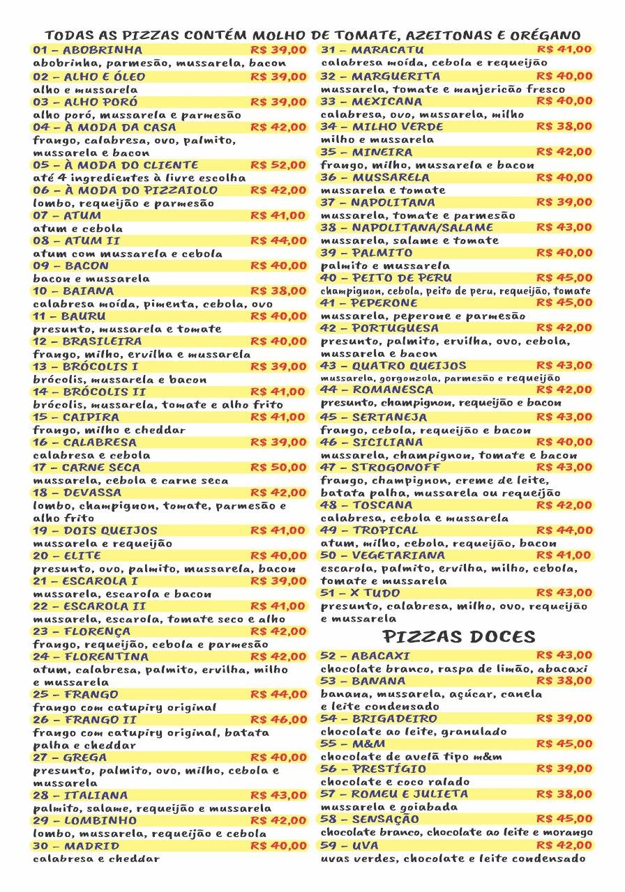 Menu em Pizzaria devassa, Cotia