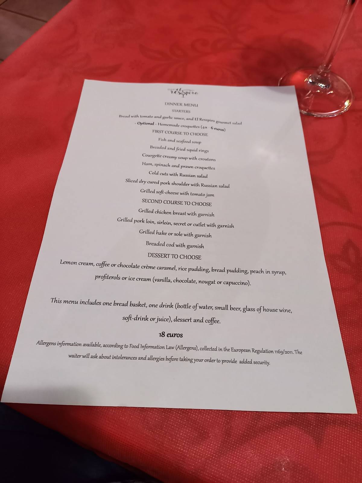 Carta de Bar El Resspiro, Rojales