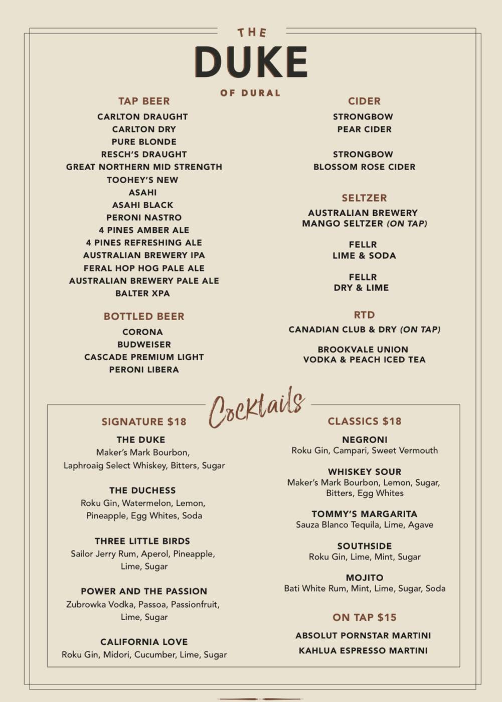 Menu at The Duke of Dural pub & bar, Dural