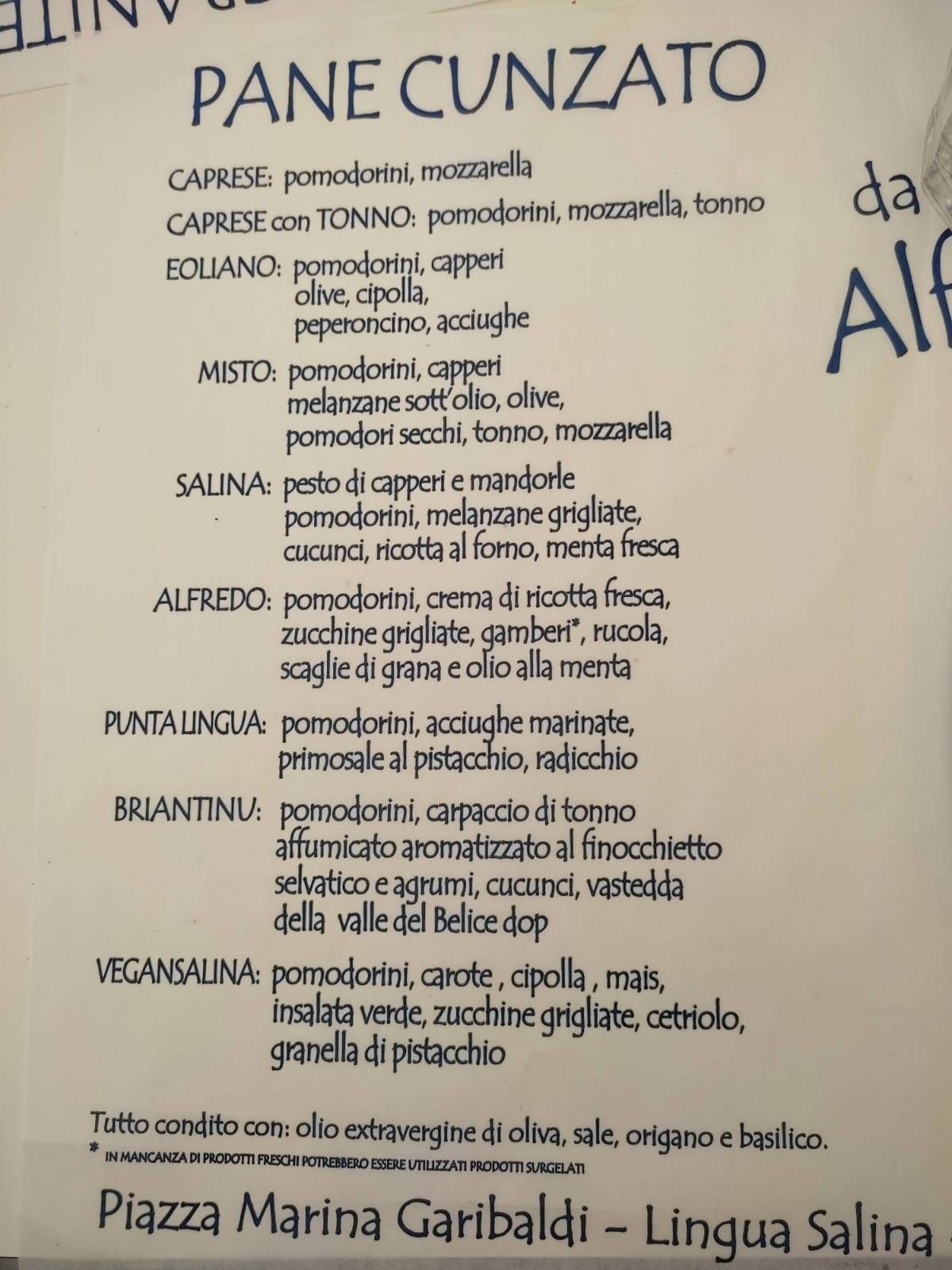Menu da Da Alfredo pub & bar, Santa Marina Salina