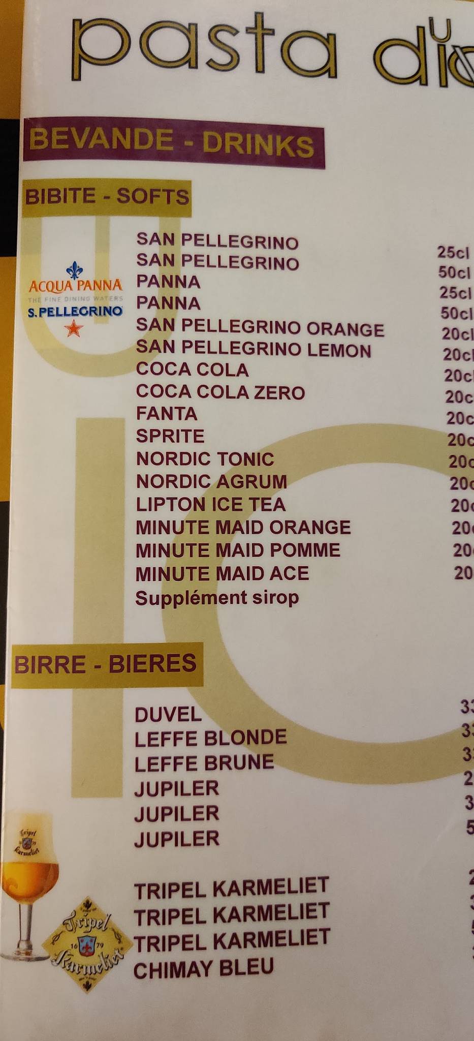 Menu au Pasta Divina, Bruxelles