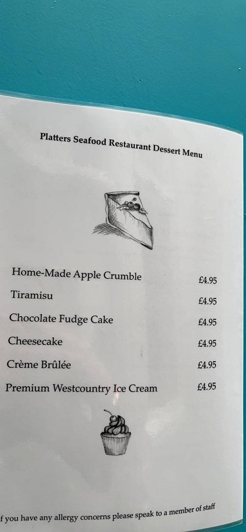 Menu at Platters restaurant, Plymouth, 12 The Barbican