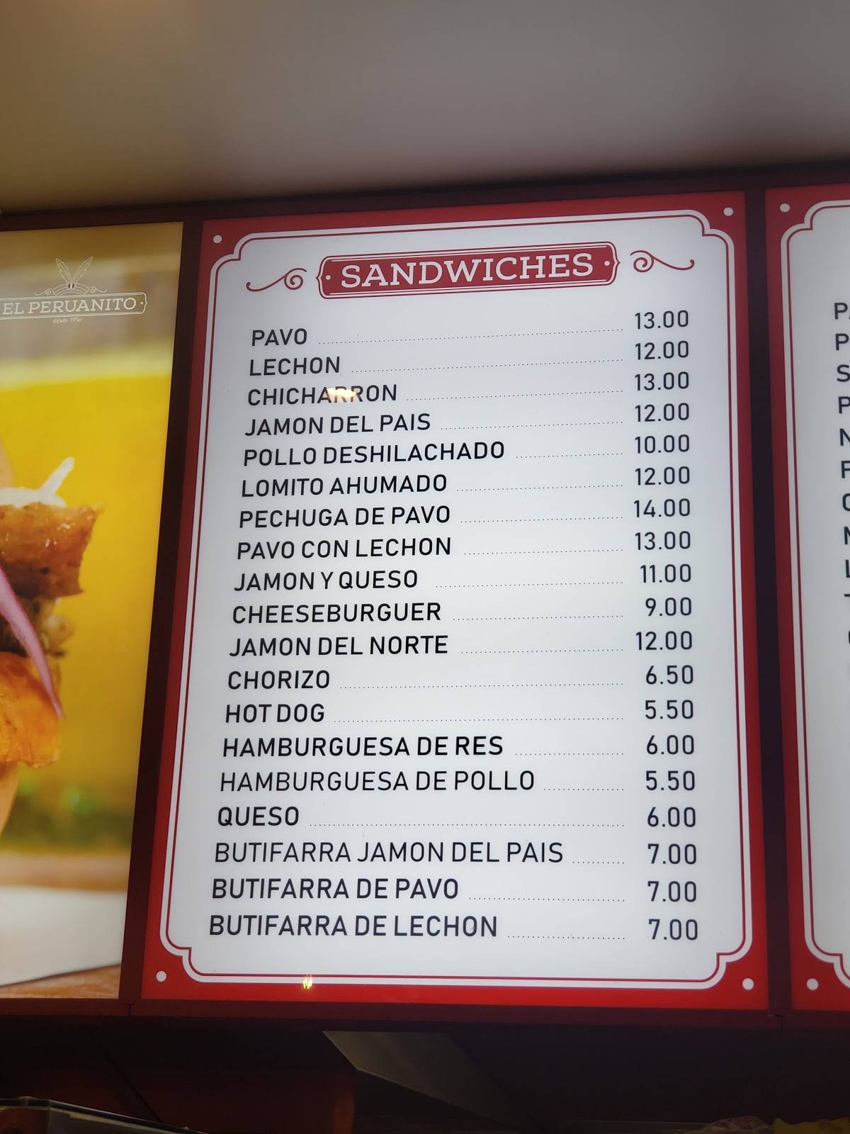 Carta del restaurante Sanguchería El Peruanito, Miraflores
