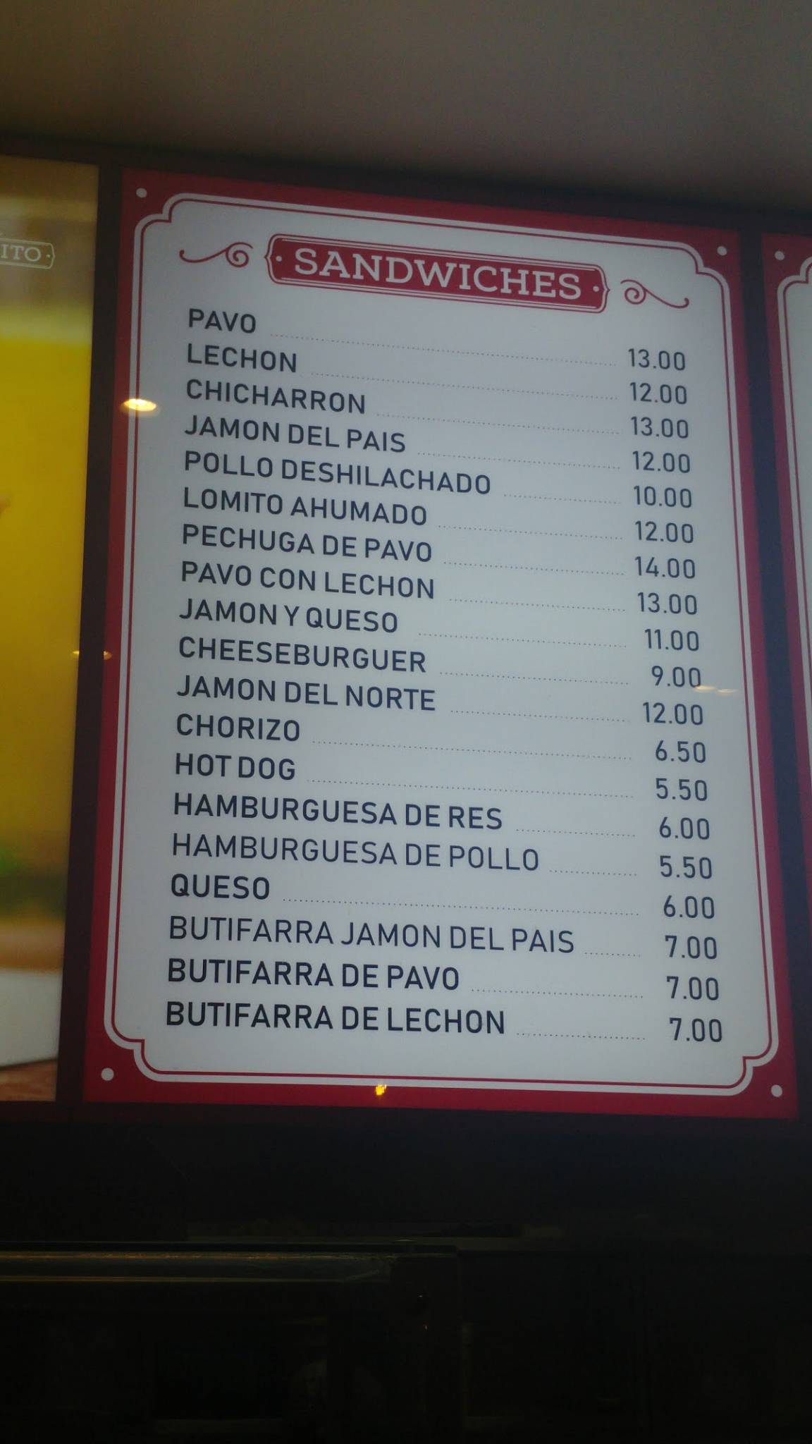 Carta del restaurante Sanguchería El Peruanito, Miraflores