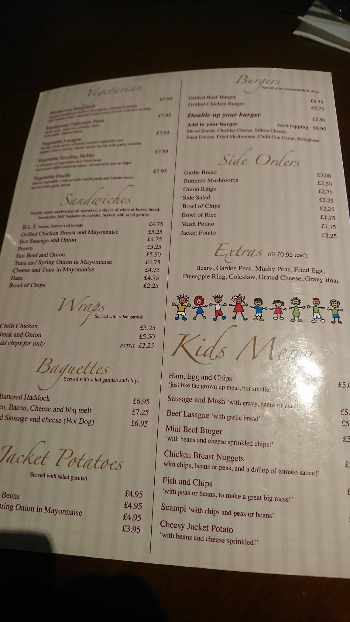 Menu at The Cobbler restaurant, Pontefract