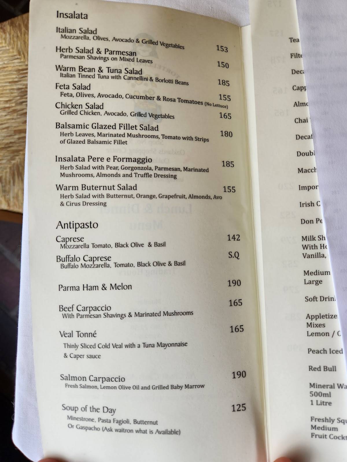 Menu at Tortellino d'Oro restaurant, Johannesburg, Oaklands Shopping Centre