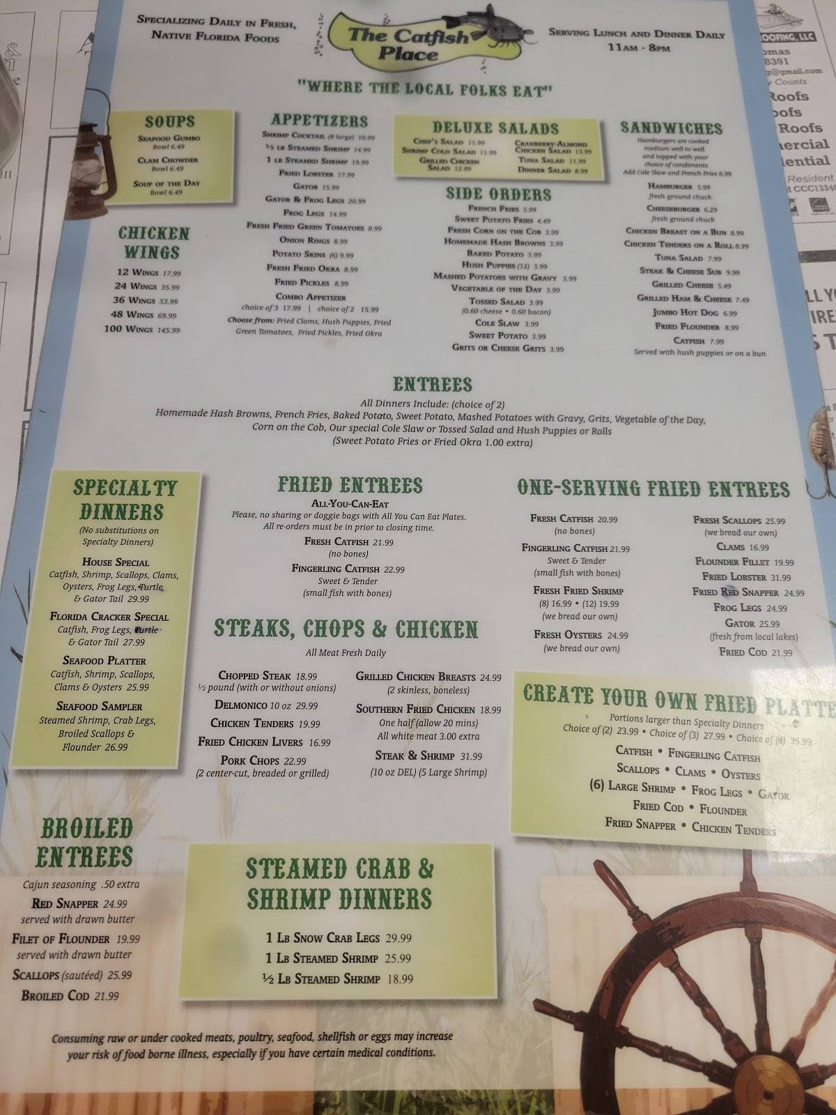 Menu at The Catfish Place restaurant, Saint Cloud