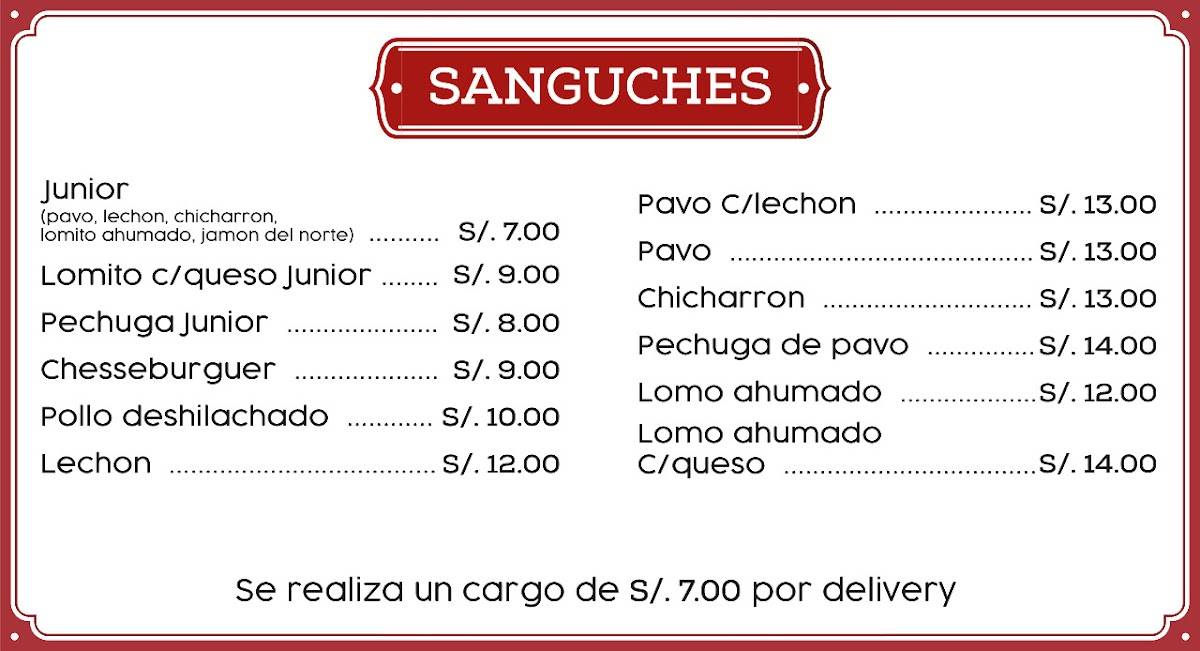 Carta del restaurante Sanguchería El Peruanito, Miraflores