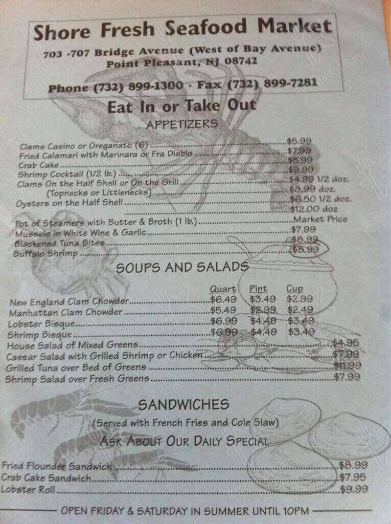 Menu at Shore Fresh Seafood Market & Restaurant, Point Pleasant, 703 ...
