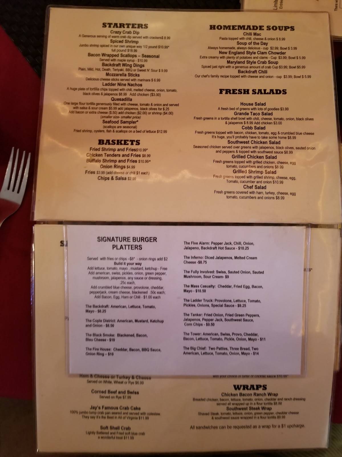 Menu at Backdraft steakhouse, Kinsale, Oldhams Rd