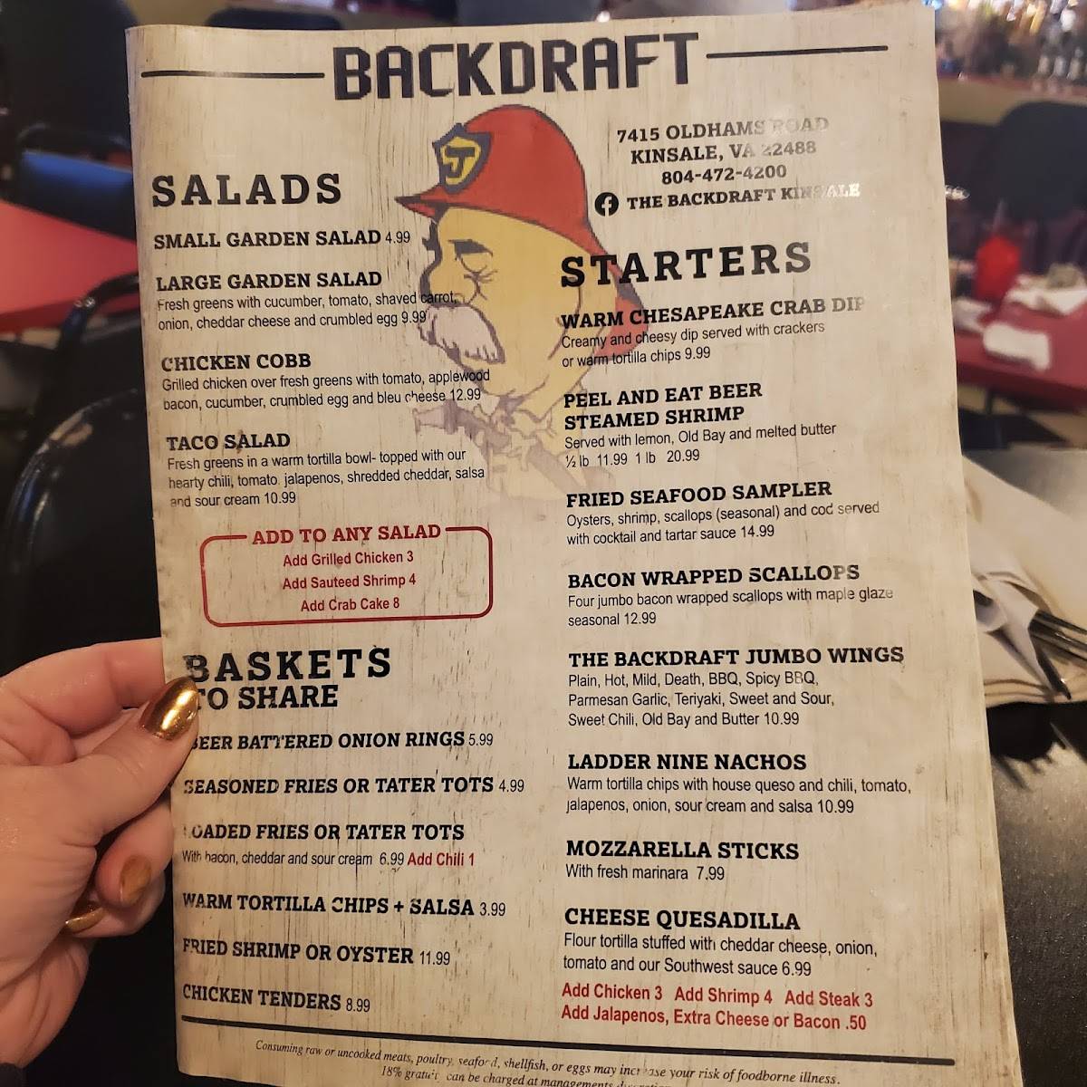 Menu at Backdraft steakhouse, Kinsale, Oldhams Rd