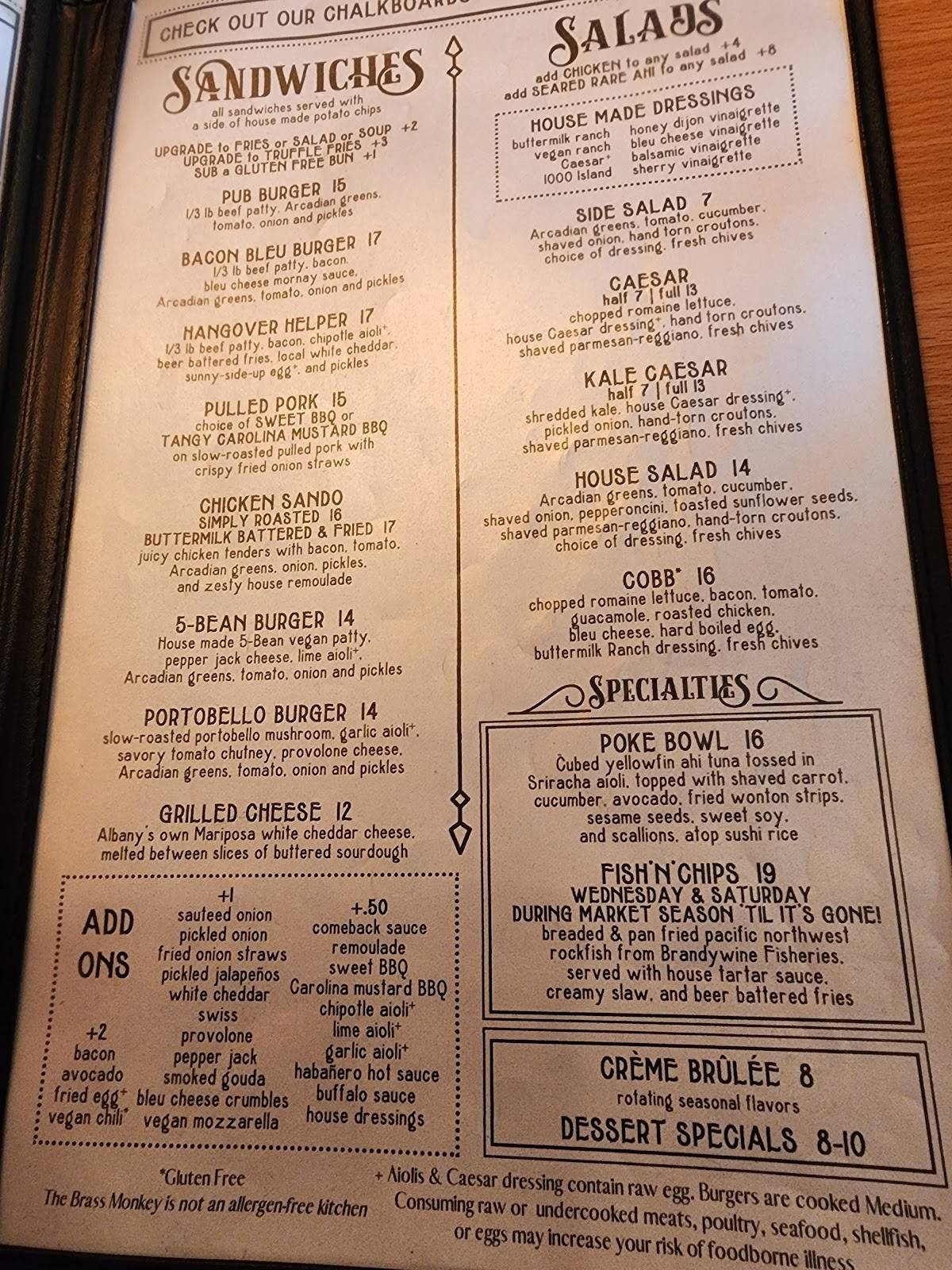 Menu at The Brass Monkey pub & bar, Corvallis