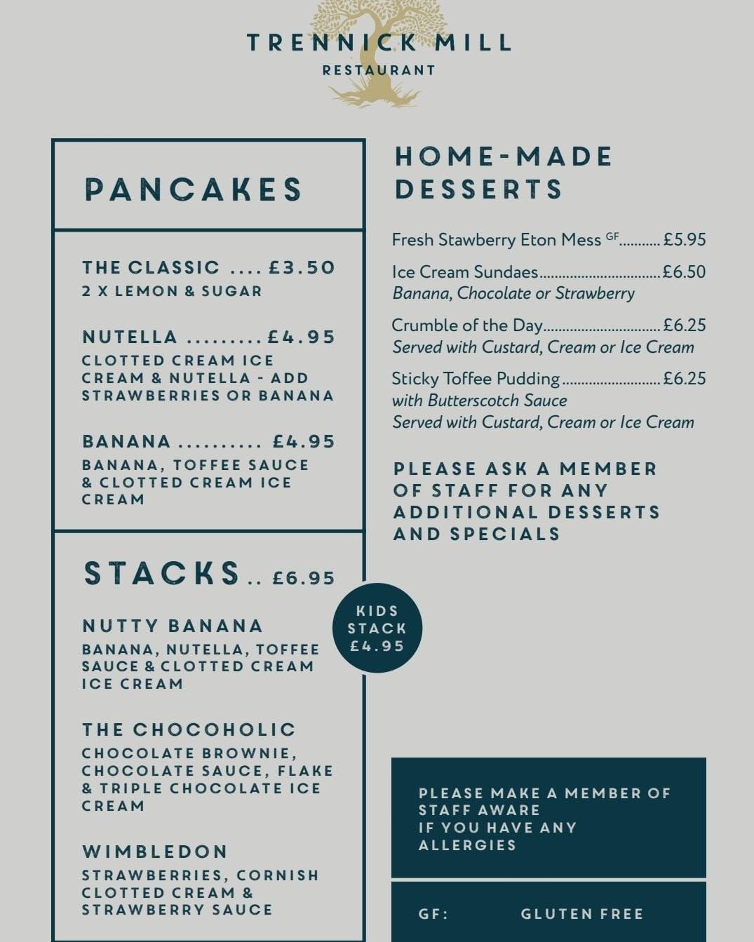 Menu at Trennick Mill restaurant, Truro