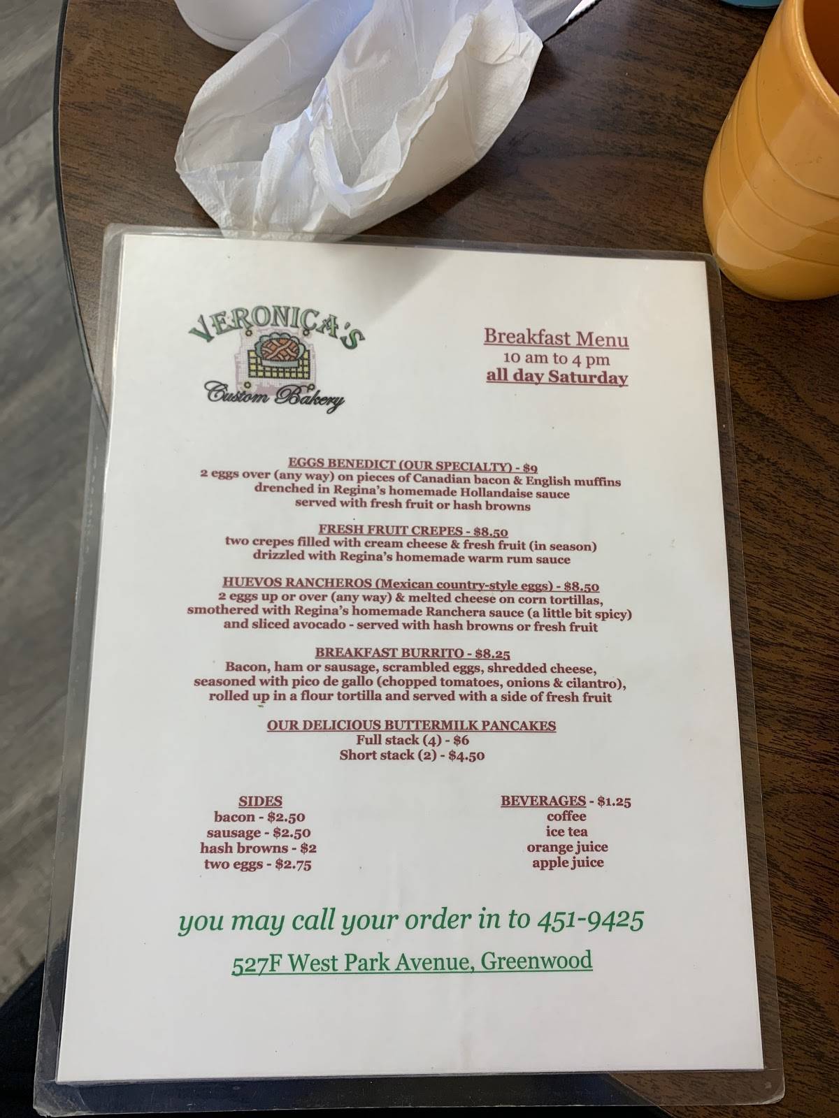 Menu at Veronica's Custom Bakery, Greenwood