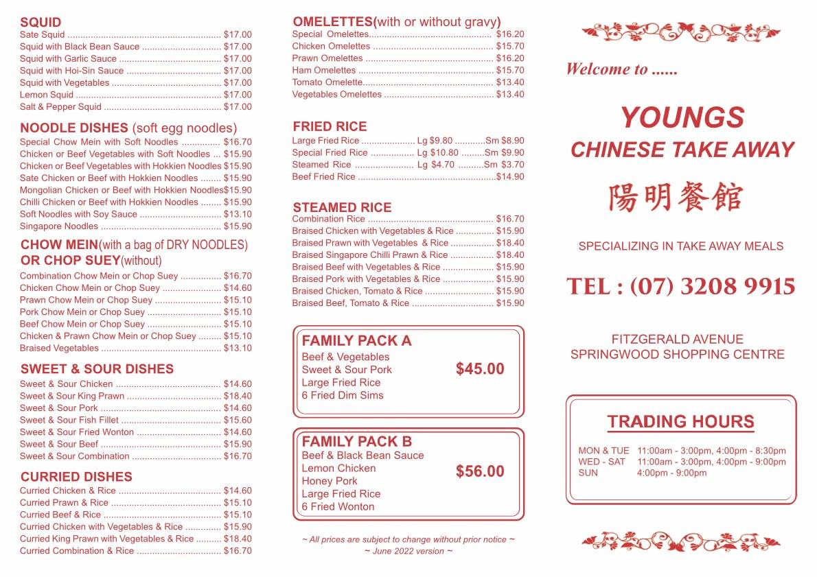 Menu at Young's Cafe Chinese Restaurant, Springwood